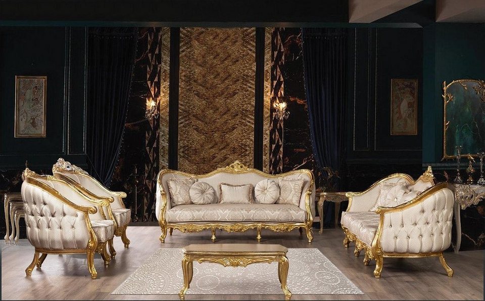 Jvmoebel Wohnzimmer Set Sofagarnitur Couch Set Möbel Garnitur Samt Holz