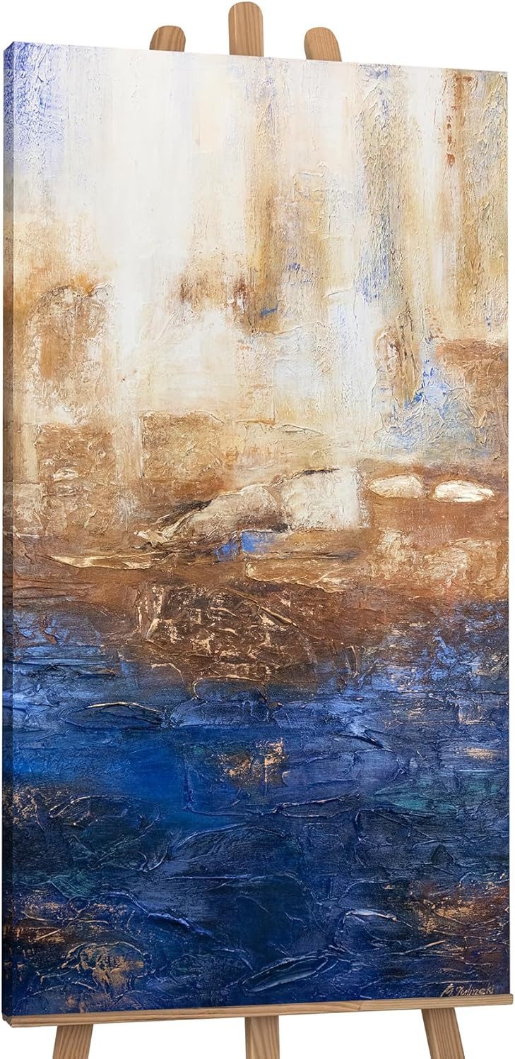YS-Art Gemälde Marine II, Abstrakte Bilder, Vertikales Leinwand Bild Handgemalt Blau Gold Abstrakt