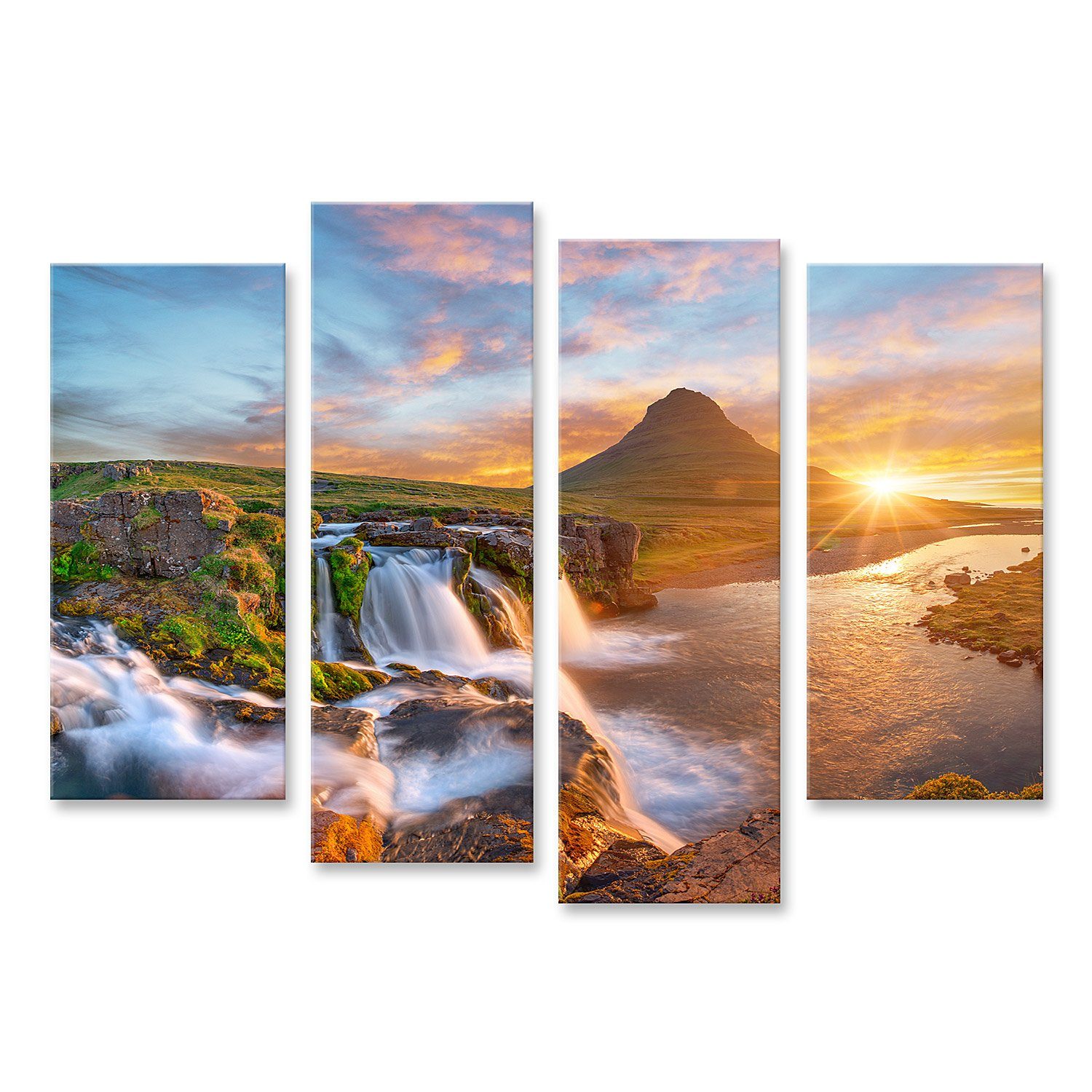 islandburner Leinwandbild Bild auf Leinwand Schöne Landschaft Sonnenaufgang Kirkjufellsfoss ...
