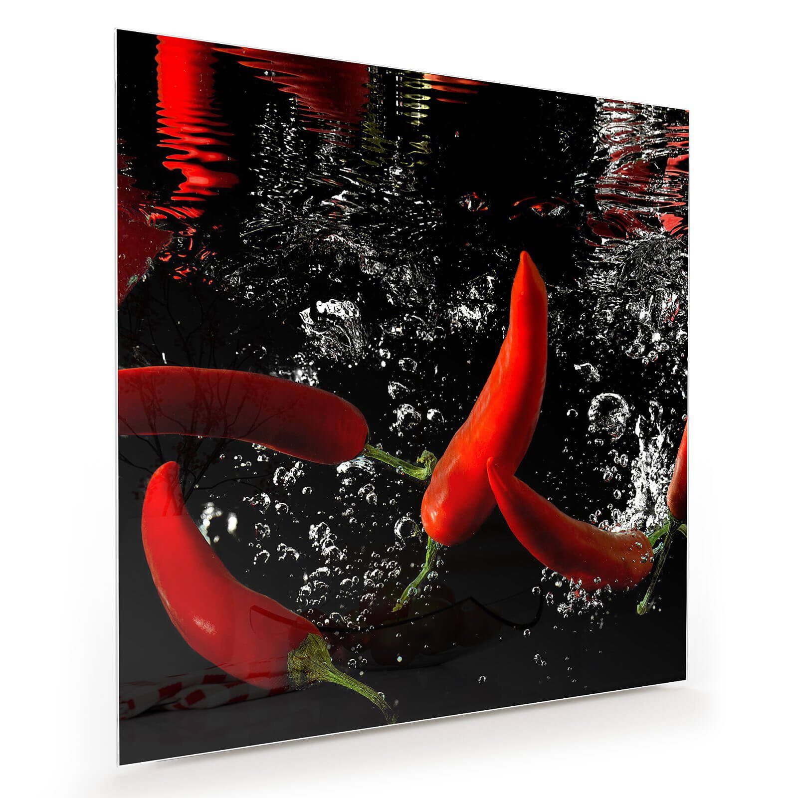 Primedeco Glasbild Wandbild Quadratisch Chilischote Auf Wassersplash
