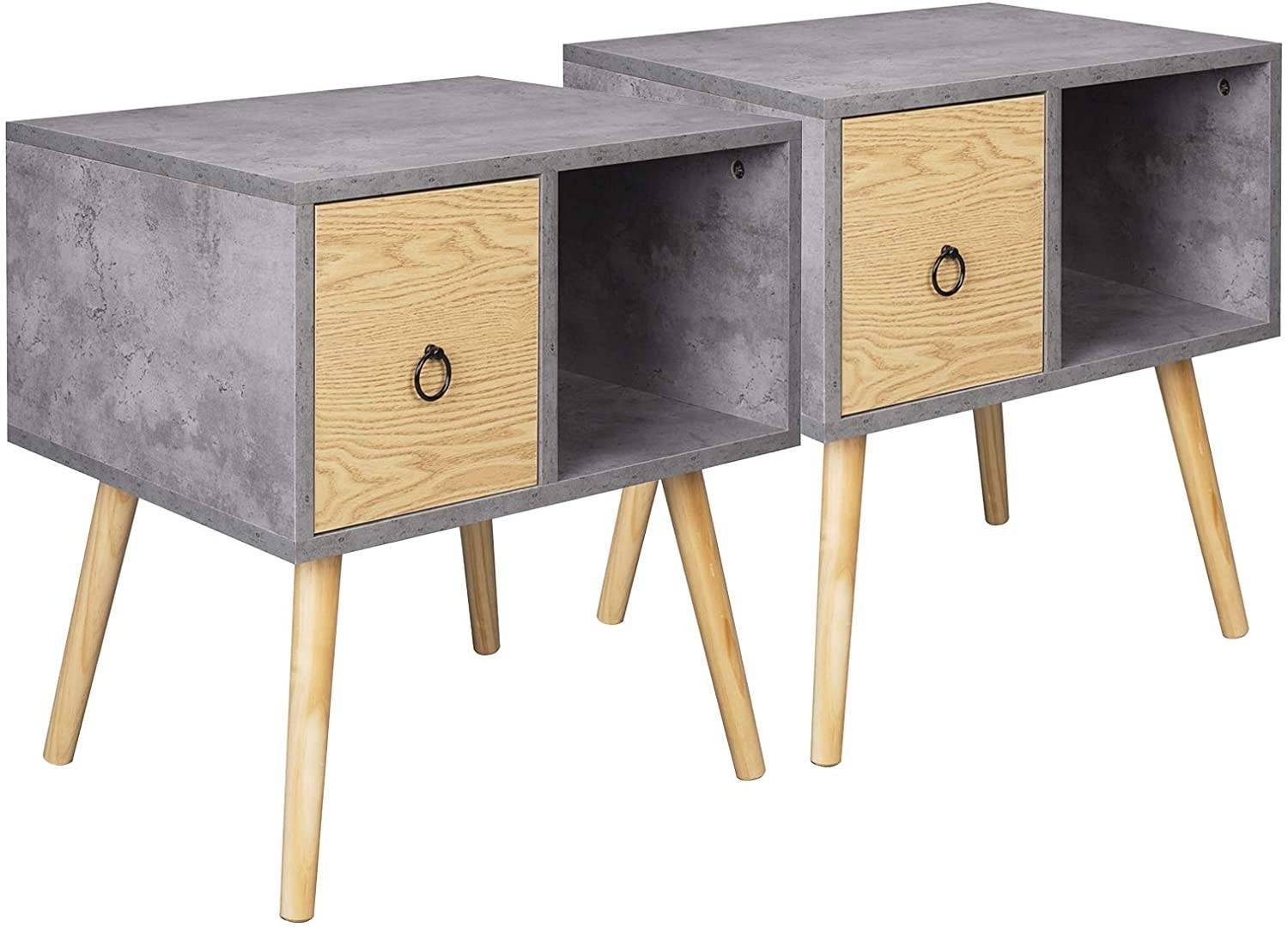 Woltu Nachttisch, 2er-Set mit Schublade und Offenem Fach, mit Beinen, Holz, 2er-Set Nachttisch ...