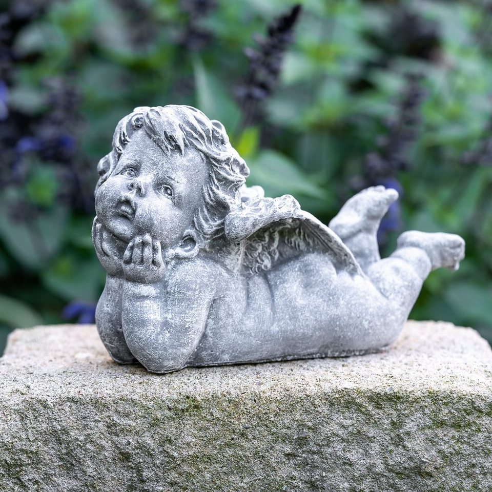 Antikas Gartenfigur Engel Bauchliegend Steinguss Grau H 13cm X T 19cm