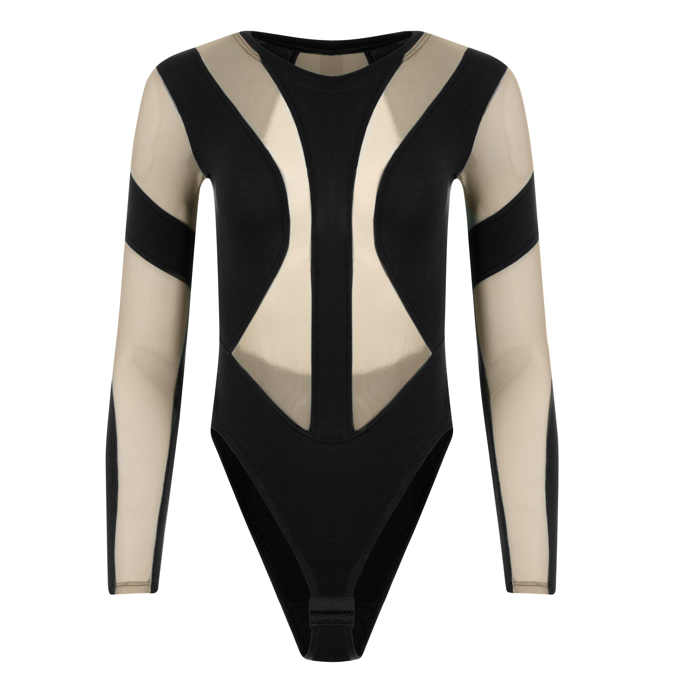 Evoni Body Damen Langarmbody mit stylischen Tüll-Cutouts