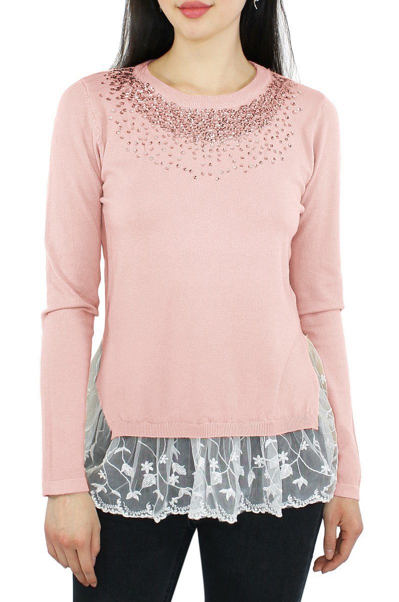 dy_mode Rundhalspullover Damen Pullover mit Spitze Oberteil Feinstrick ...