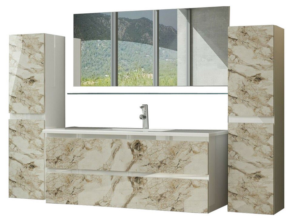 Homeline Badmöbel Set Diana Badmöbel Set 90 Cm Weiss Marmor Optik
