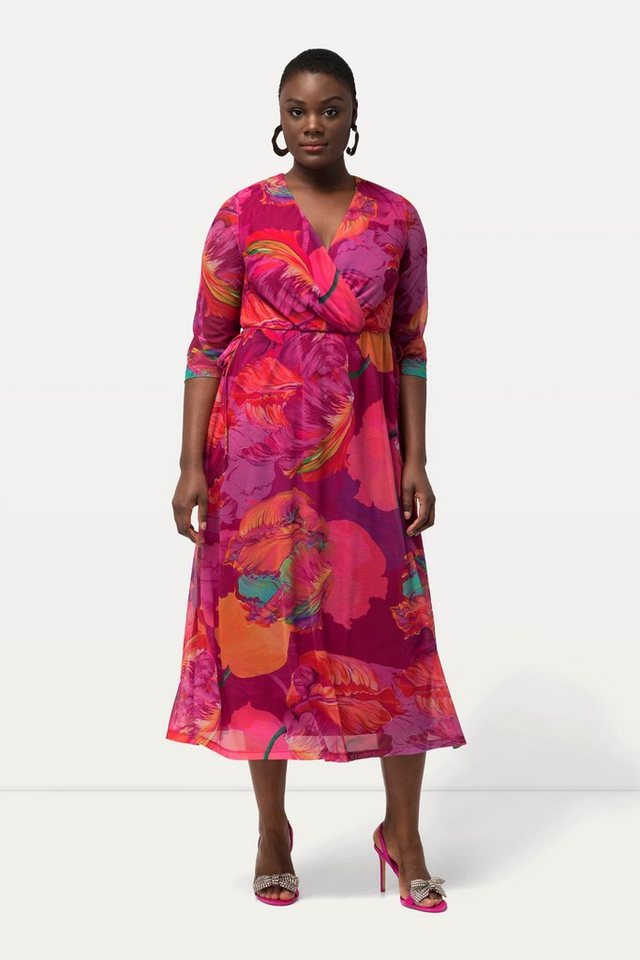 Ulla Popken Abendkleid Meshkleid Blüten Wickeloptik V Ausschnitt 3 4