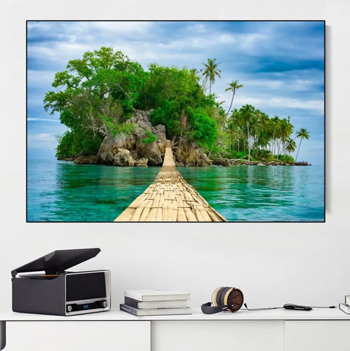 TPFLiving Kunstdruck (OHNE RAHMEN) Poster - Leinwand - Wandbild, Bambusbrücke, tropische Insel ...