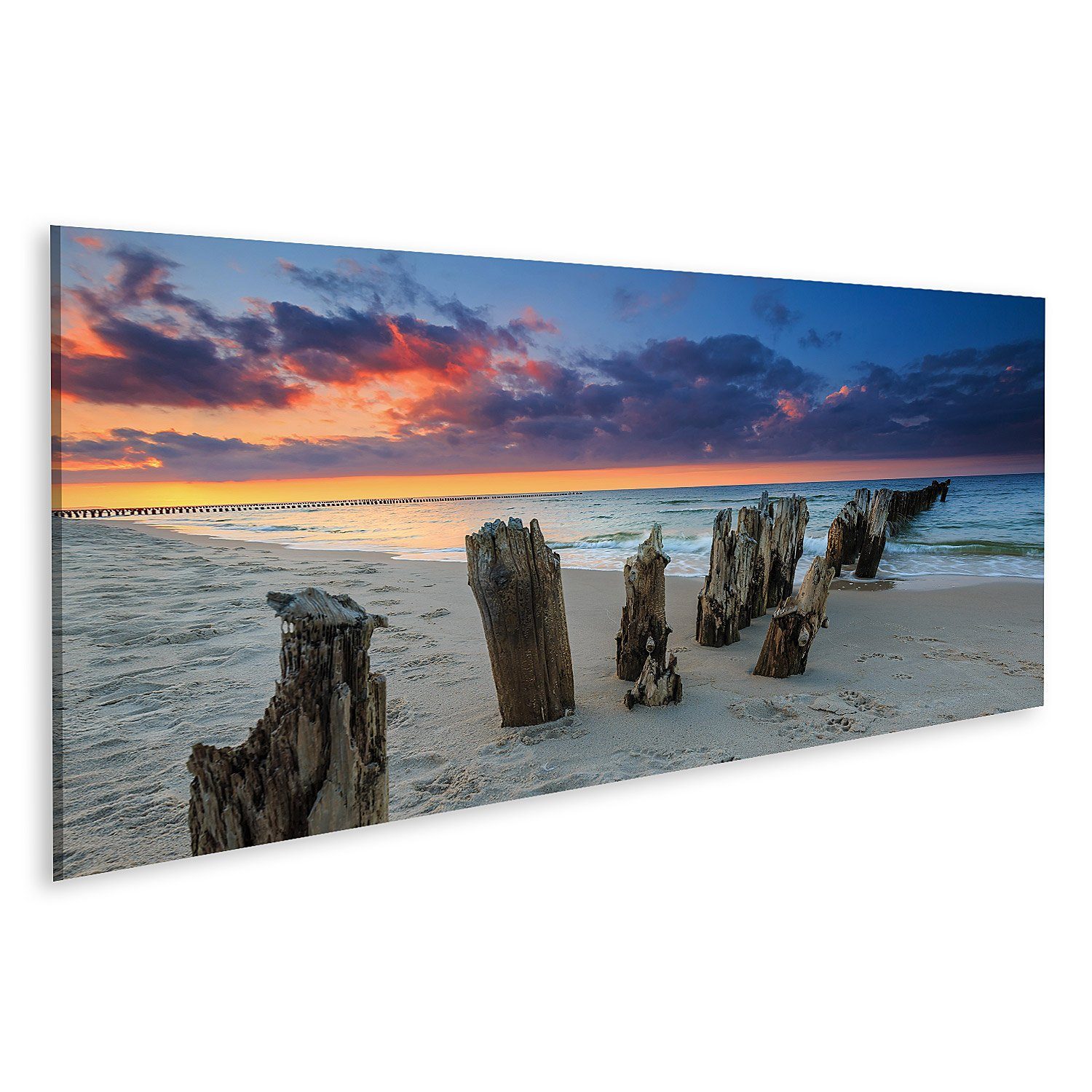 islandburner Leinwandbild Bild auf Leinwand Sonnenuntergang am Strand. Wellenbrecher Hintergrund