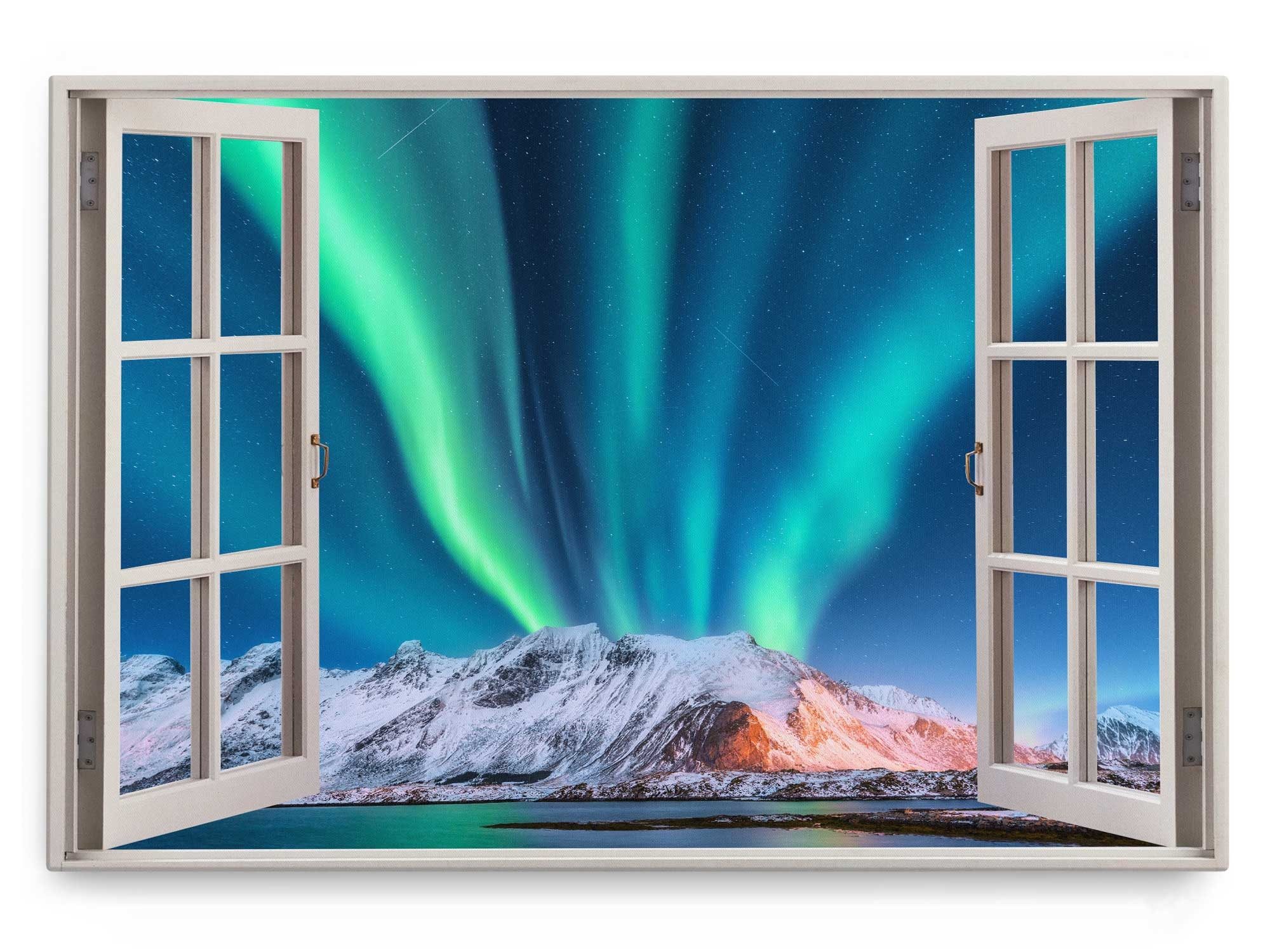 Sinus Art Leinwandbild Wandbild 120x80cm Fensterbild Astrofotografie Polarlichter Berge Schne ...