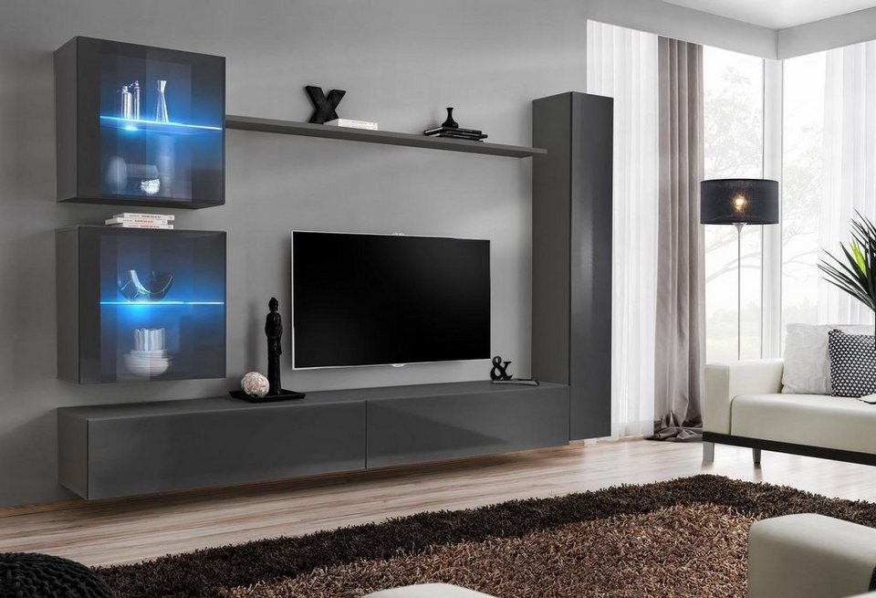 Jvmoebel Wohnwand Luxus Komplett Wohnwand Grau Möbel Designer Set