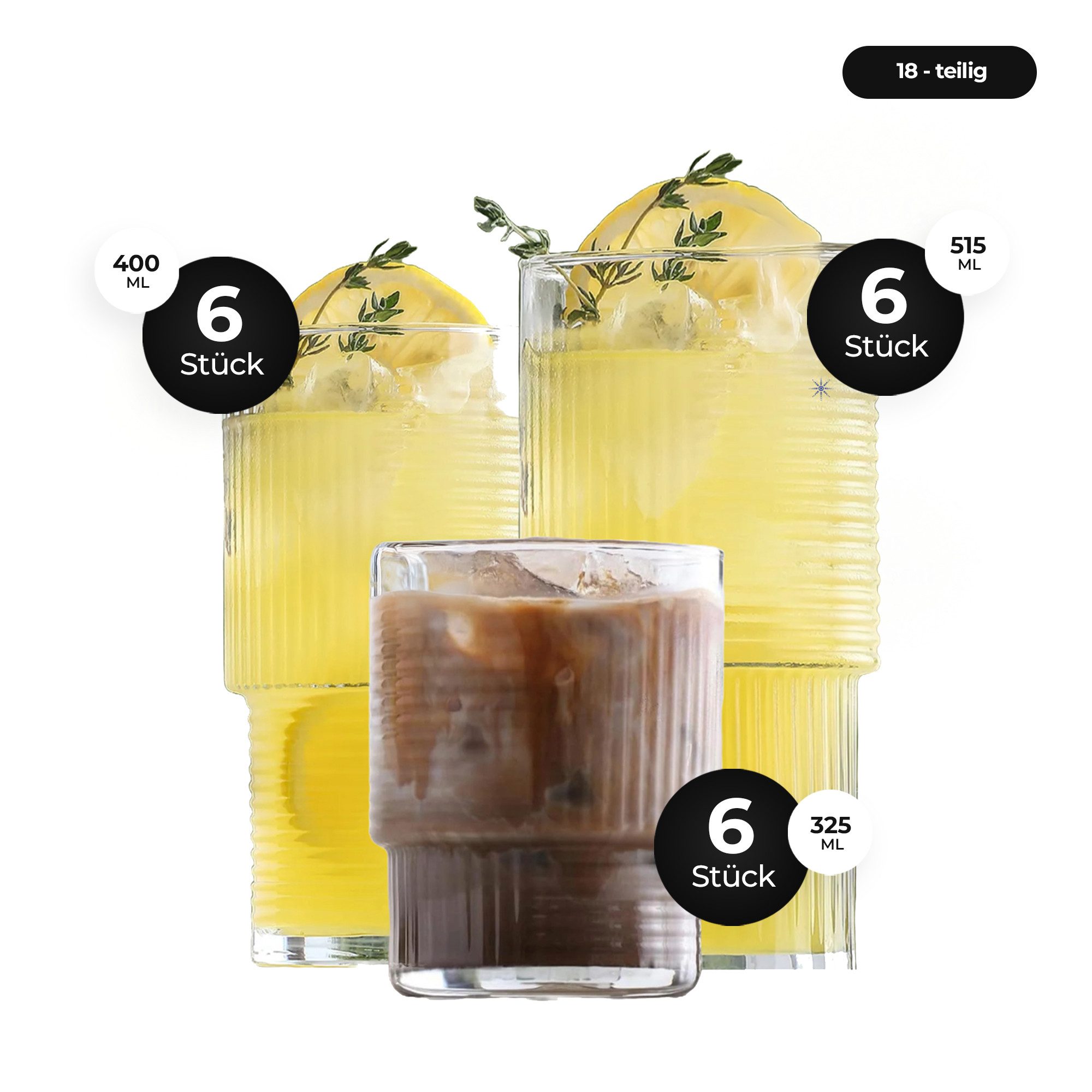 LAV Gläser-Set Helen Serie 18-Teilig (325ml, 400ml, 515ml), Glas, 18-tlg. Stapelbar Set, drei ...