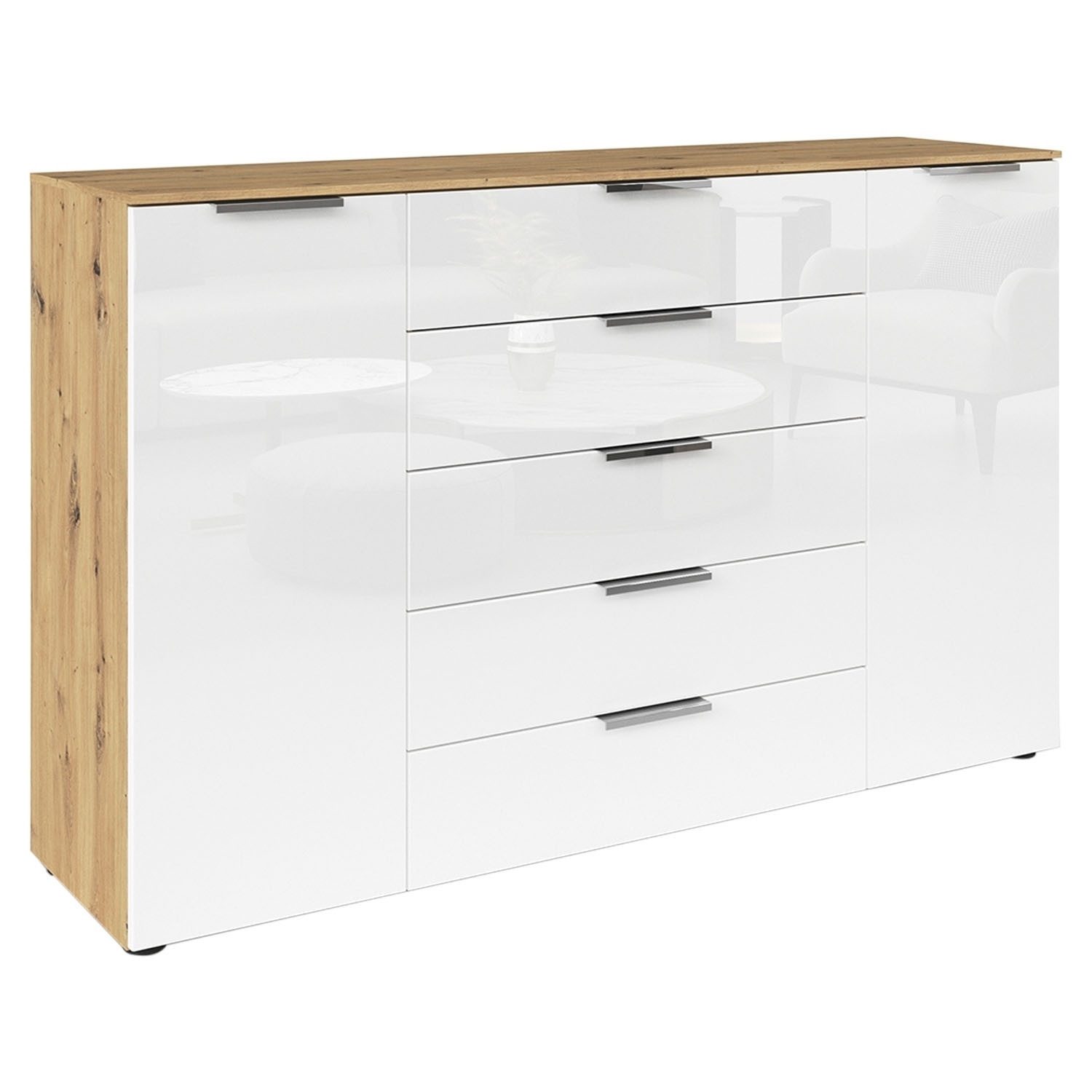 Rauch Kommode Flipp Artisan Eiche Dekor Weiß 2 Türen 5 Schubladen