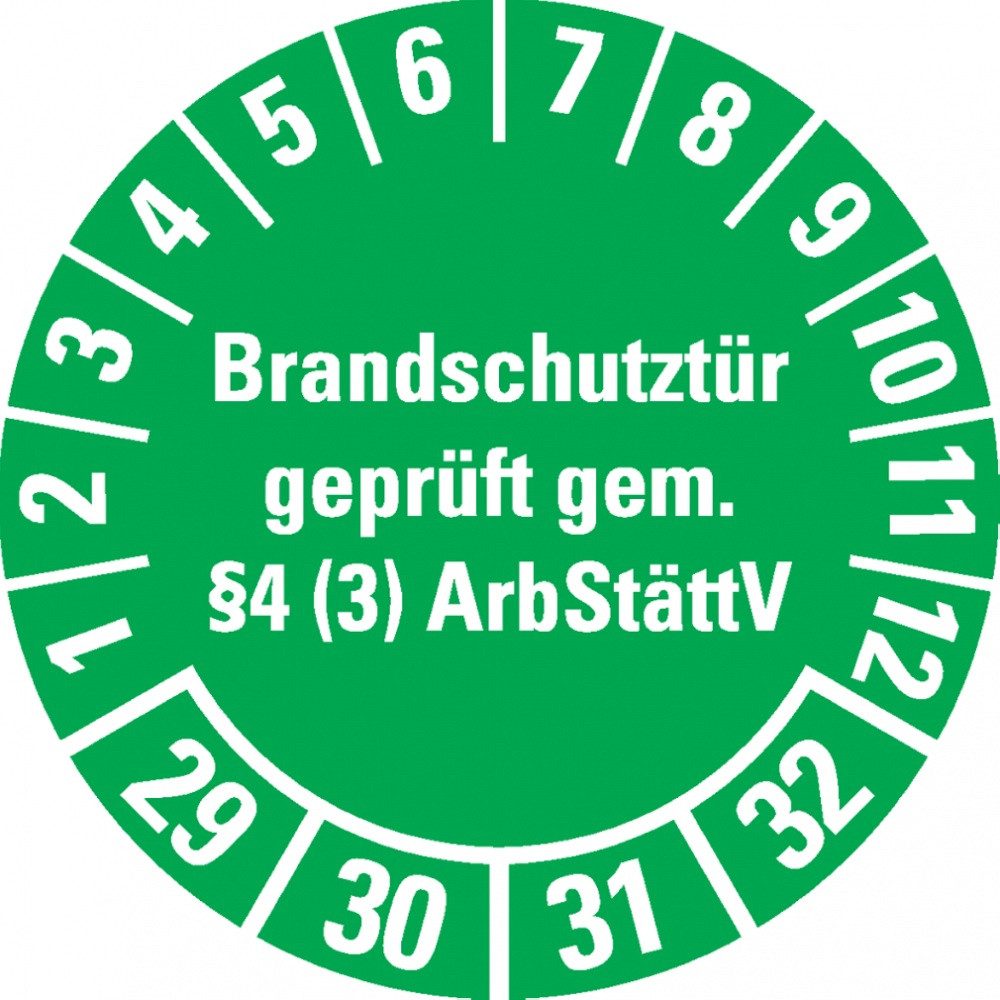 Dreifke Hinweisschild Prüfplakette Brandschutztür 29-32, grün, Dokumentenfolie, Ø 30mm, 18/B ...