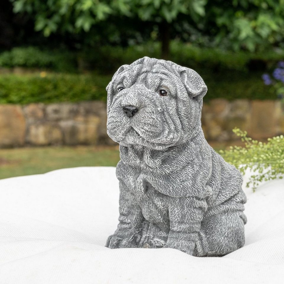 Antikas Gartenfigur Sharpei Hundefigur Steinguss Grau H 16cm X T 13cm