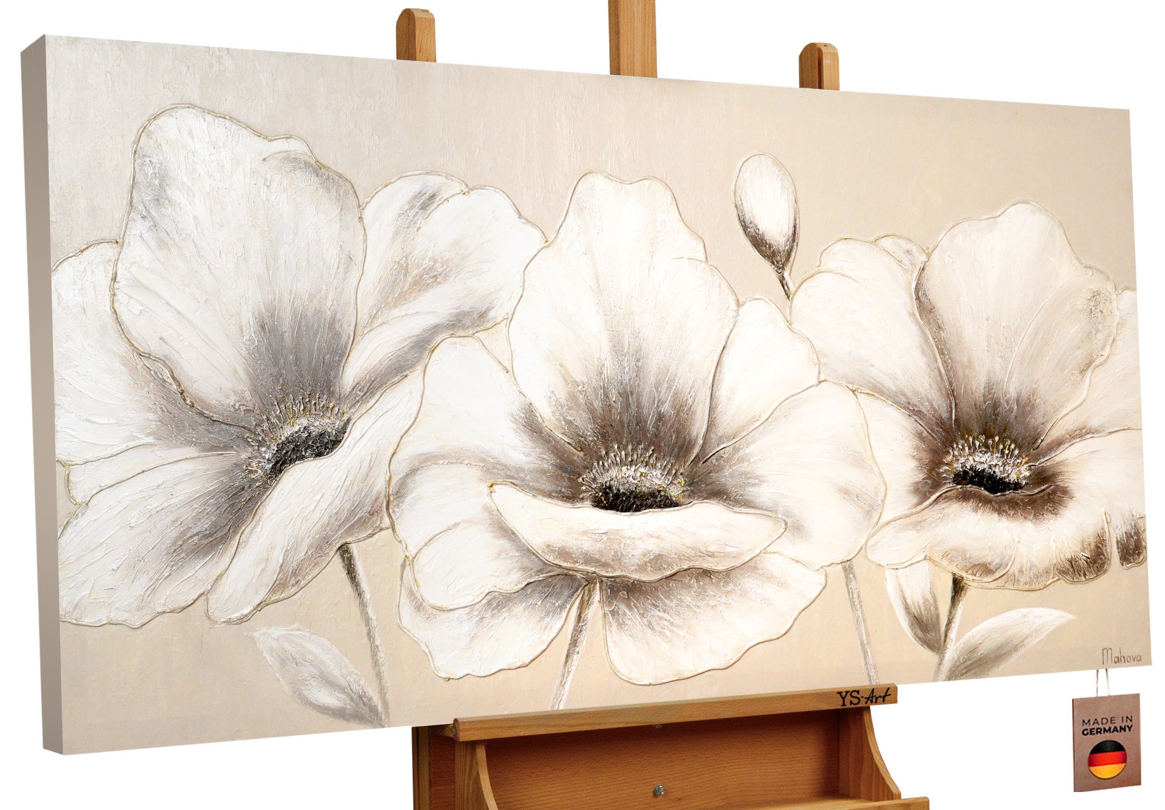 YS-Art Gemälde Blumen II, Blumen, Blumen auf Leinwand Bild Handgemalt Beige Weiß Schwarz