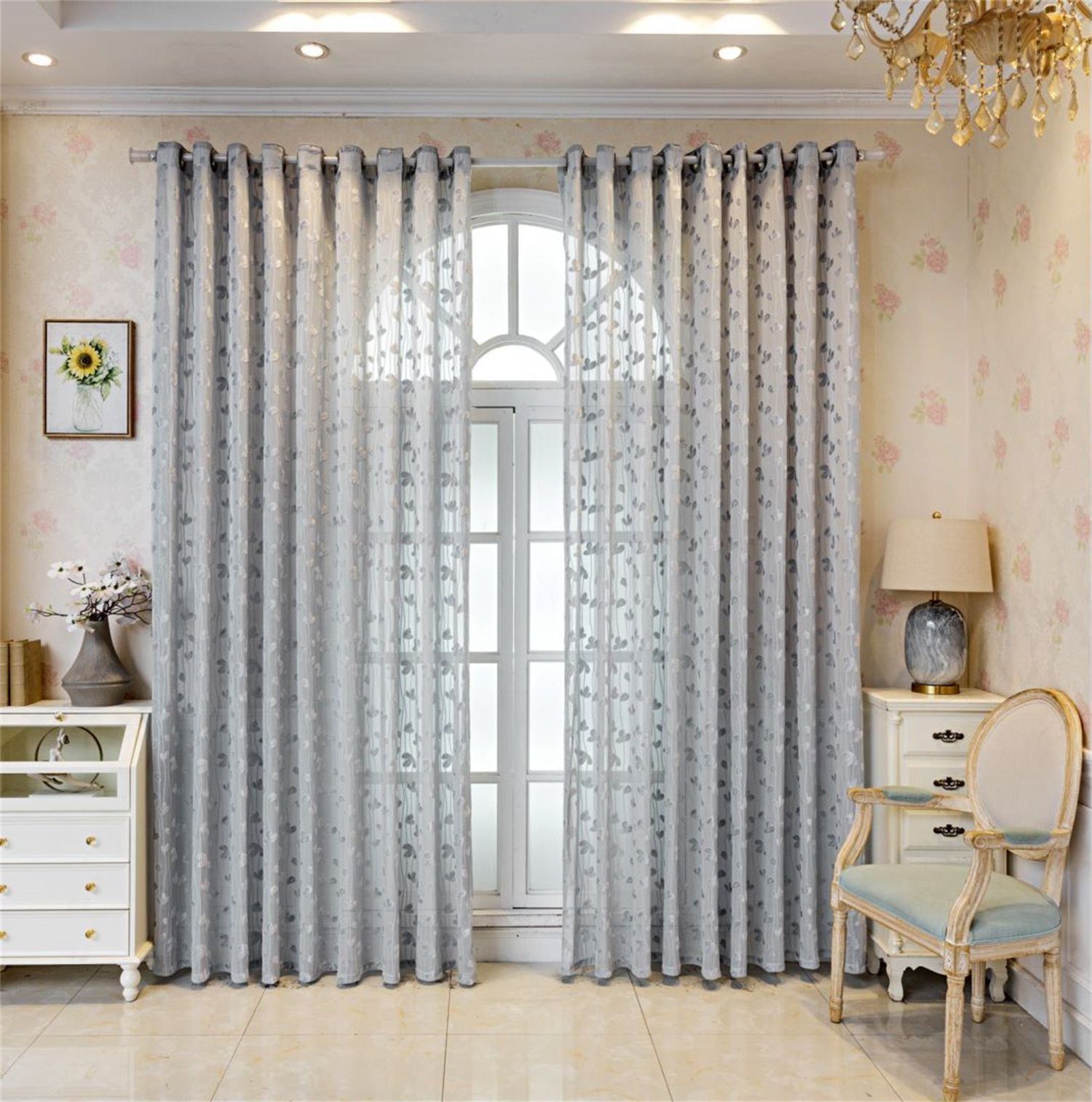 BYSURE Gardine, Ösen (2 St), halbtransparent, Blattmuster Gardine, Vorhang