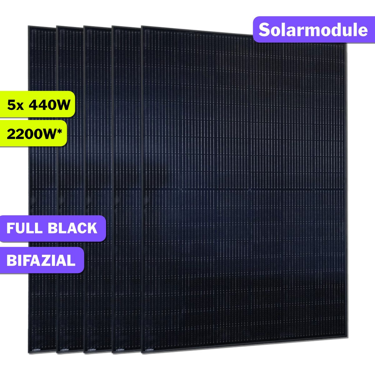 JA SOLAR Solarmodul 5x 440W JA SOLAR Glas-Glas Solarmodul Bifazial Full Black