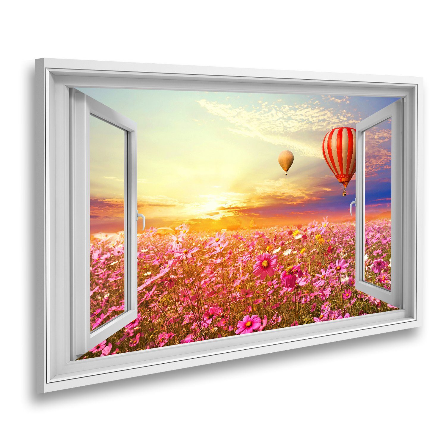 islandburner Leinwandbild Fensterblick Landschaft von schönem Kosmos Blumenfeld und Heißluftball