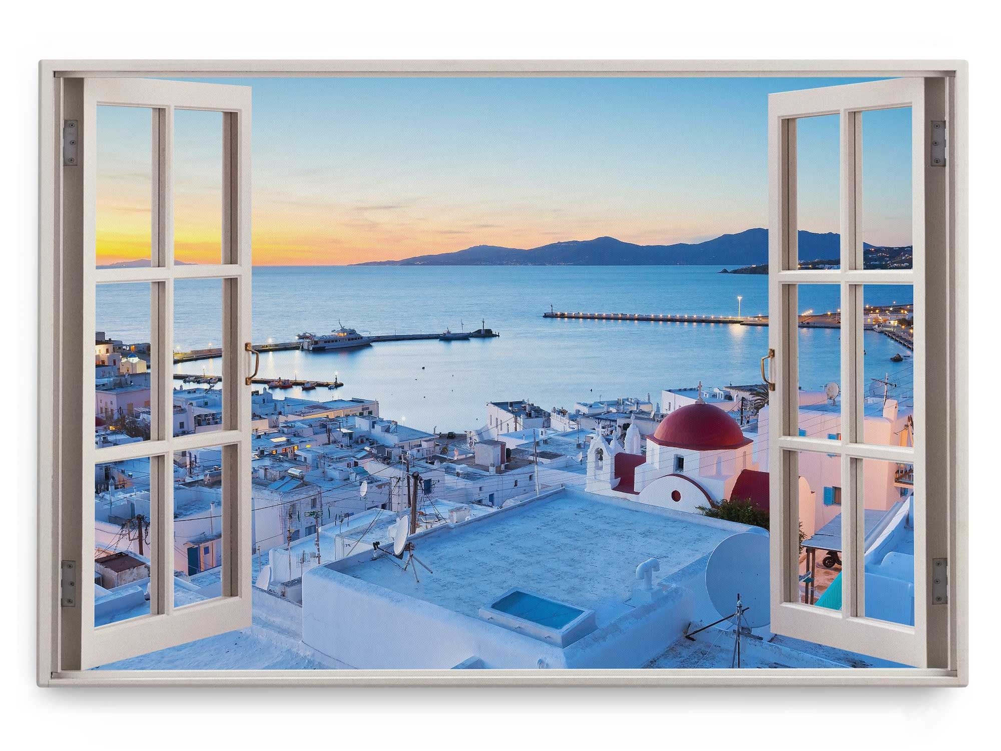 Sinus Art Leinwandbild Wandbild 120x80cm Fensterbild Mittelmeer Sonnenuntergang Griechenland, (1 St)