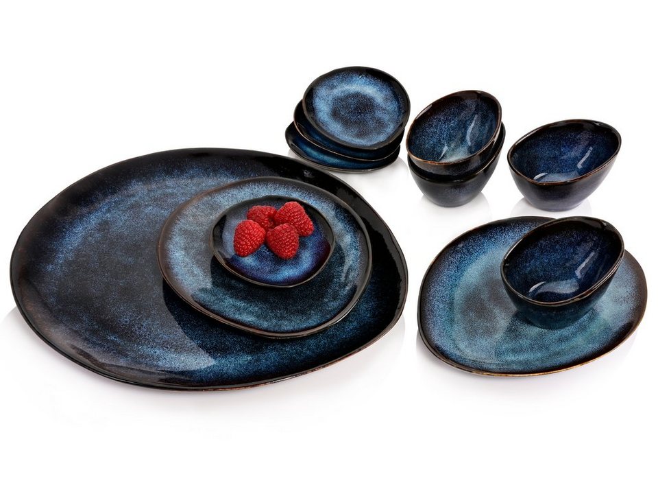 SÄnger Servier Set Tokio Steingut 11 Tlg Blau Schwarz Handmade