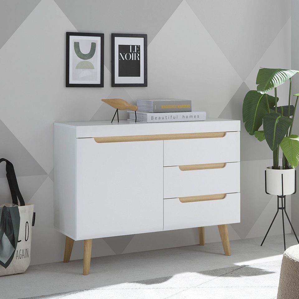 Lomadox Sideboard Matt Weiß Mit Eiche Nb 1 Tür 3 Schubkästen Bht