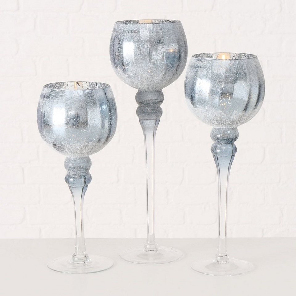 Boltze Windlicht Manou 3er Set Aus Glas Blau 40 X 12 Cm