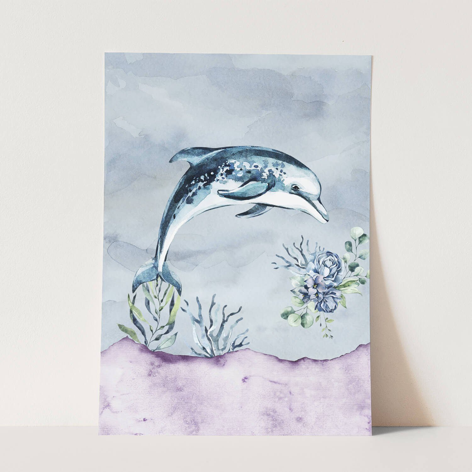 Sinus Art Wandbild Wandbild Delfin Wasserfarben Blumen Korallen Blau
