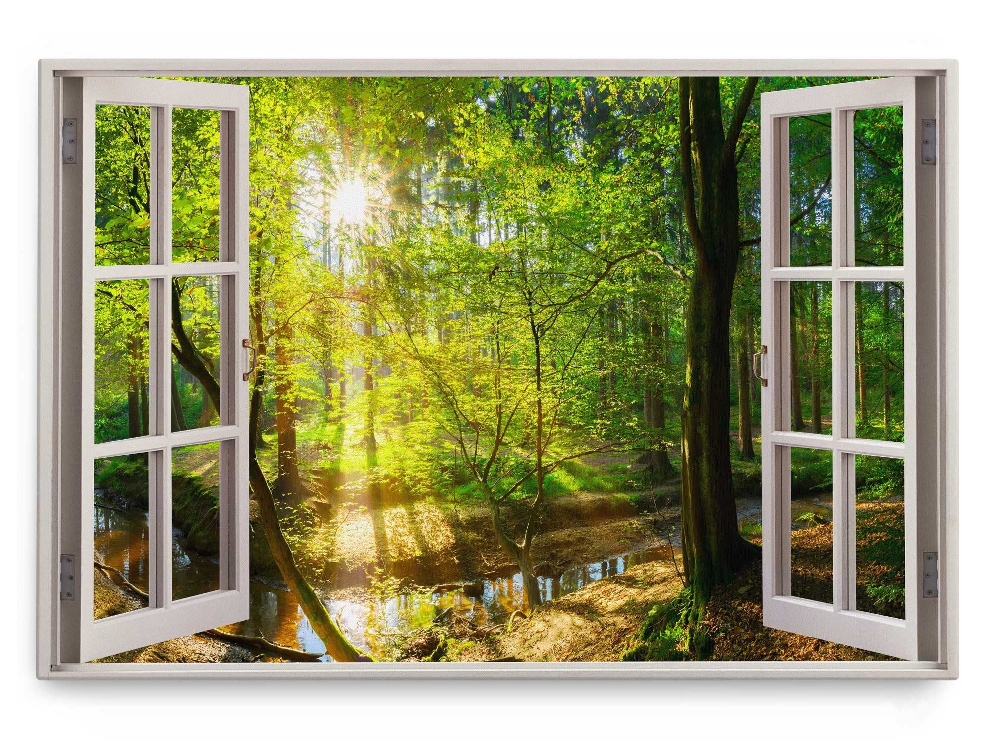 Sinus Art Leinwandbild Wandbild 120x80cm Fensterbild Wald Bach Grün Sonnenstrahl warmes Licht ...