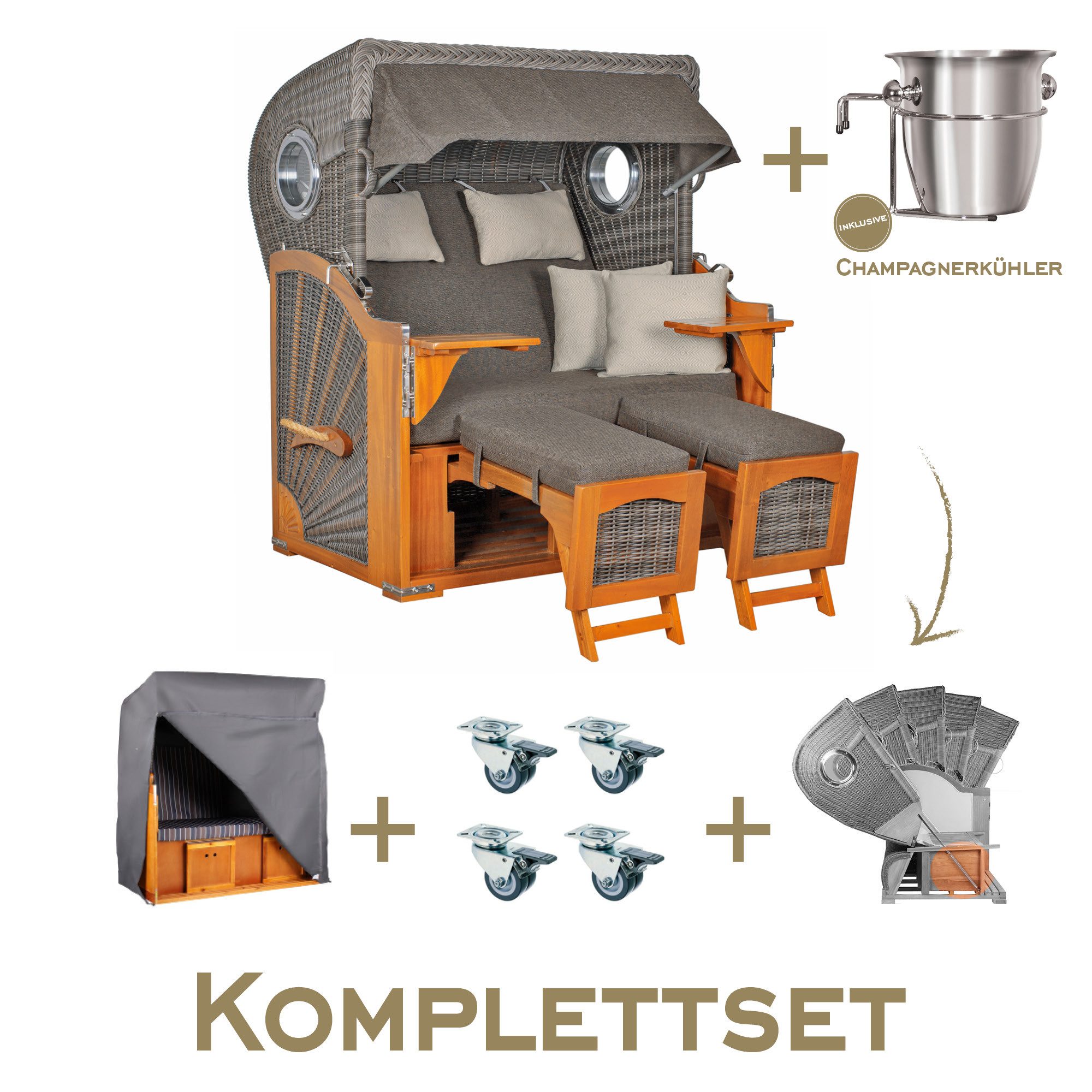 MR.DEKO Strandkorb MR. DEKO® Strandkorb Komplettset Koos Mahagoni PE grey Dessin uni, BxTxH ...