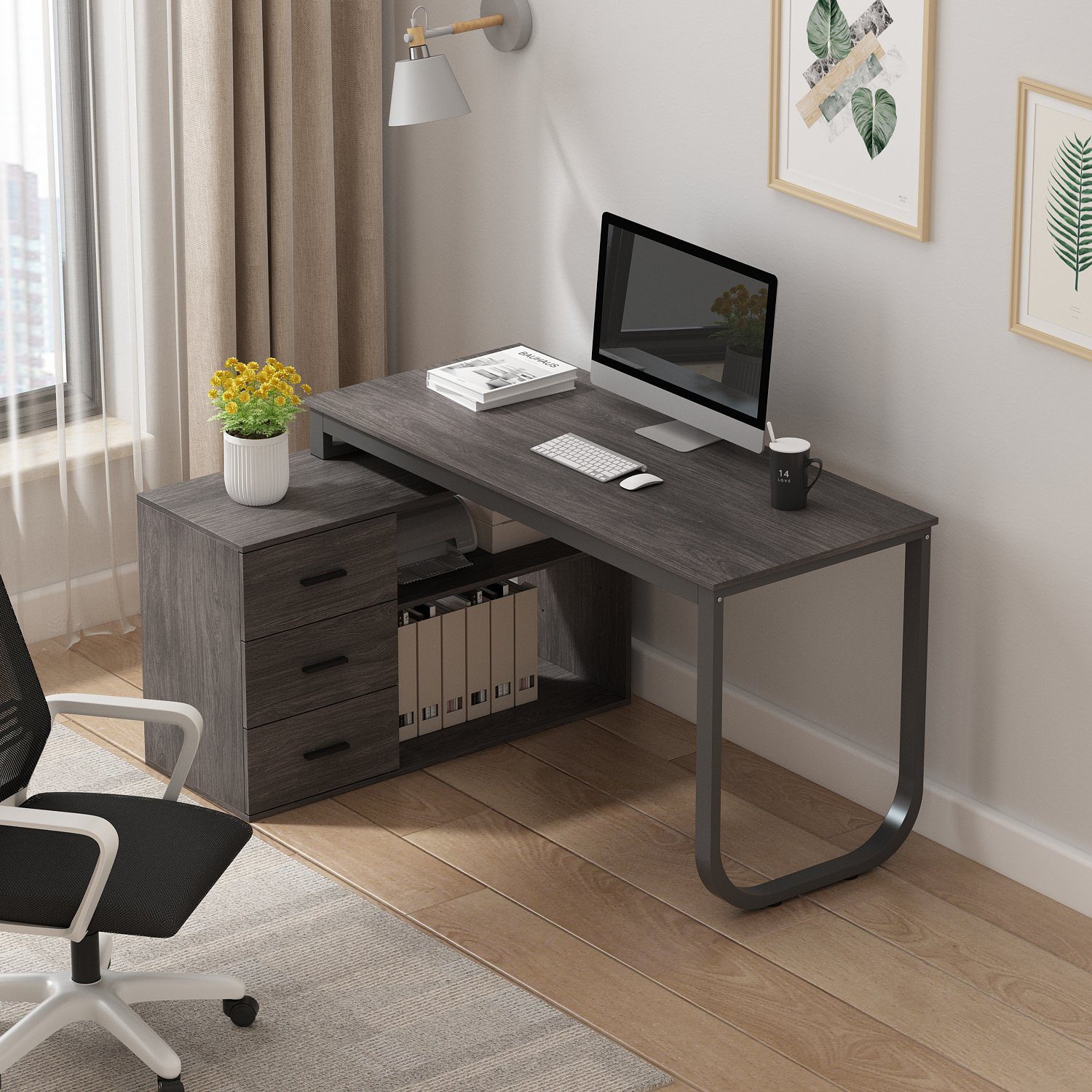 FUFU&GAGA Eckschreibtisch 140 cm L Förm Computertisch mit 3 Schubladen & 2 Regalen