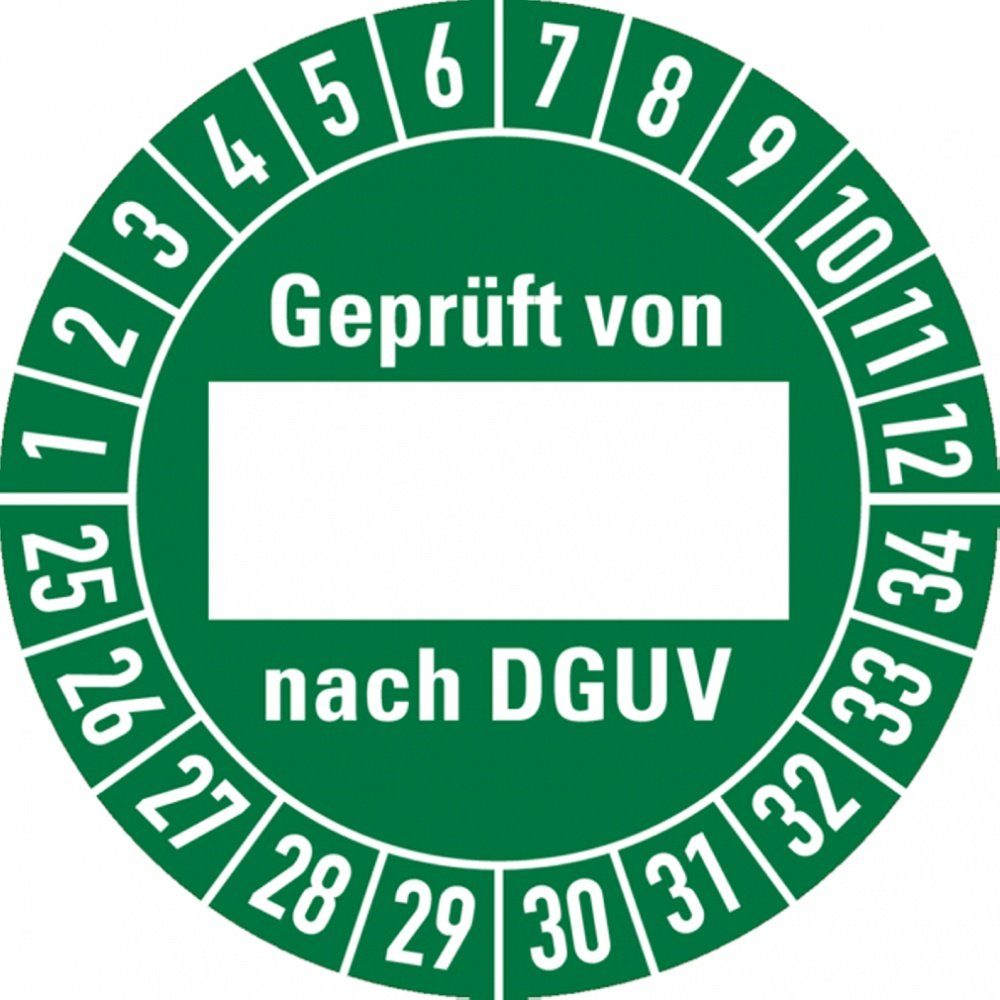 König Werbeanlagen Hinweisschild Prüfplak., gepr. von nach DGUV, grün/weiß, Folie, Ø30mm, 10Plak ...