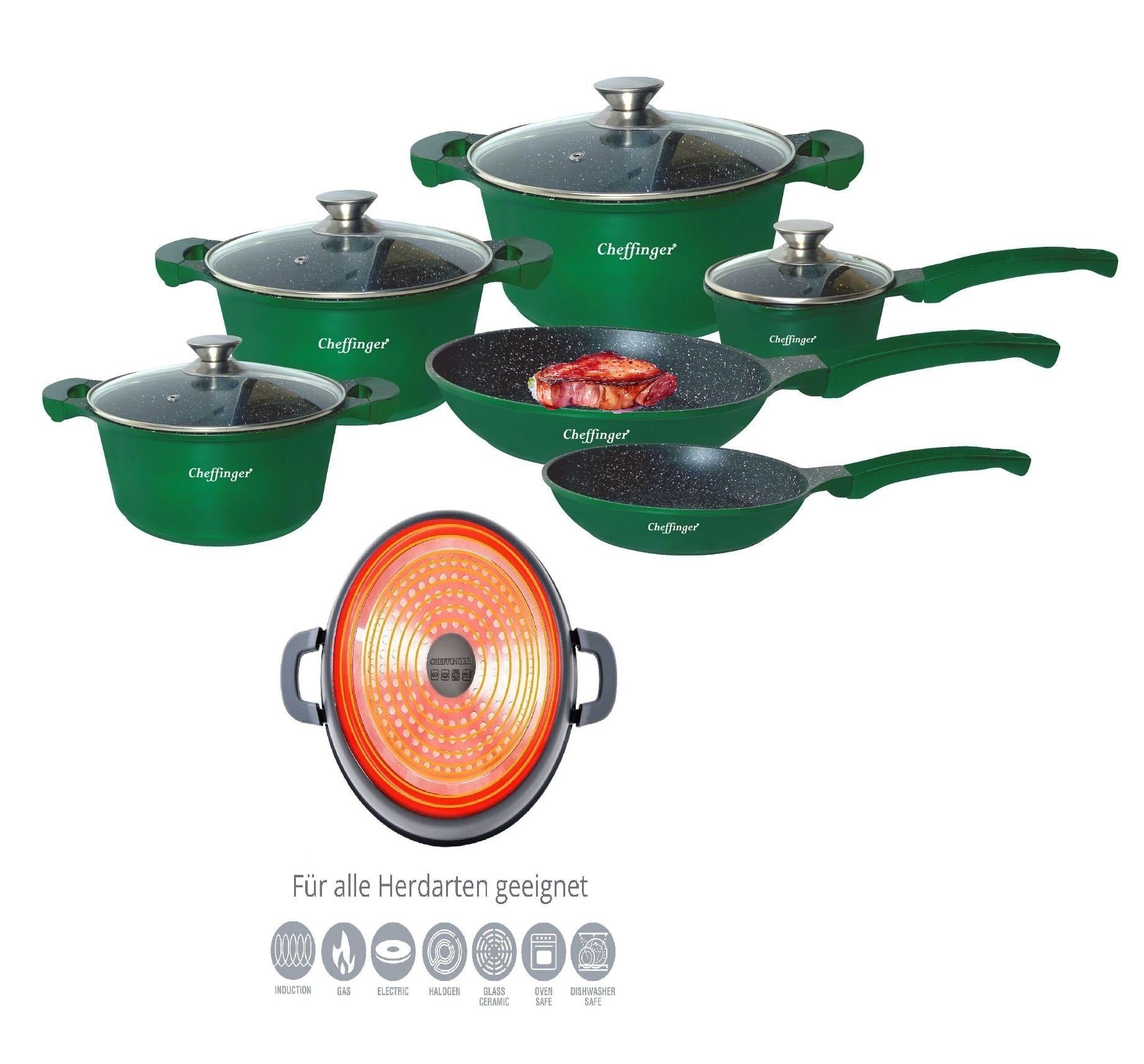Cheffinger Topf Set Kochtopf Kasserolle Bratpfannen Set 10 Tlg Grün