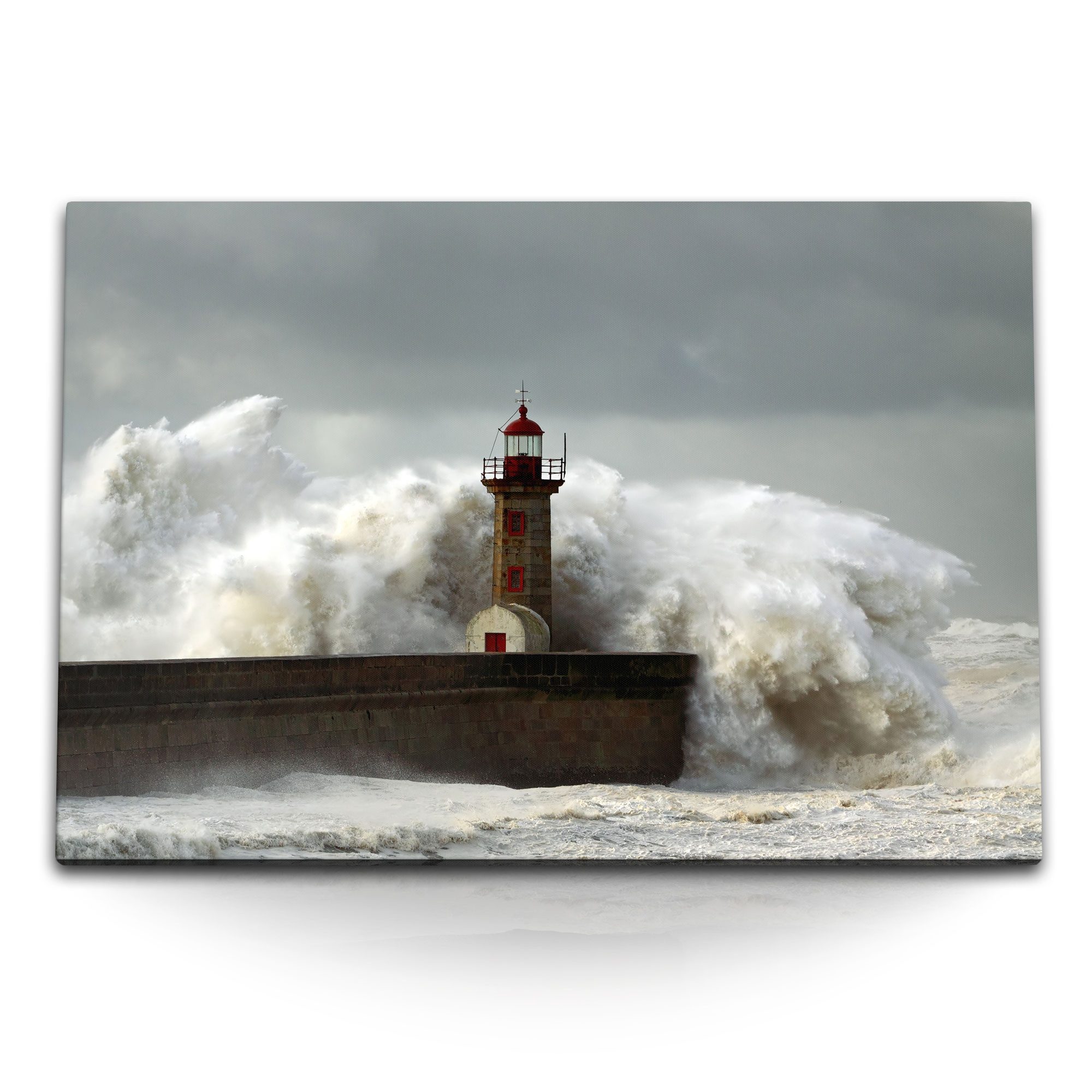 Sinus Art Leinwandbild 120x80cm Wandbild auf Leinwand Leuchtturm Küste Wellen Sturm grauer Hi ...