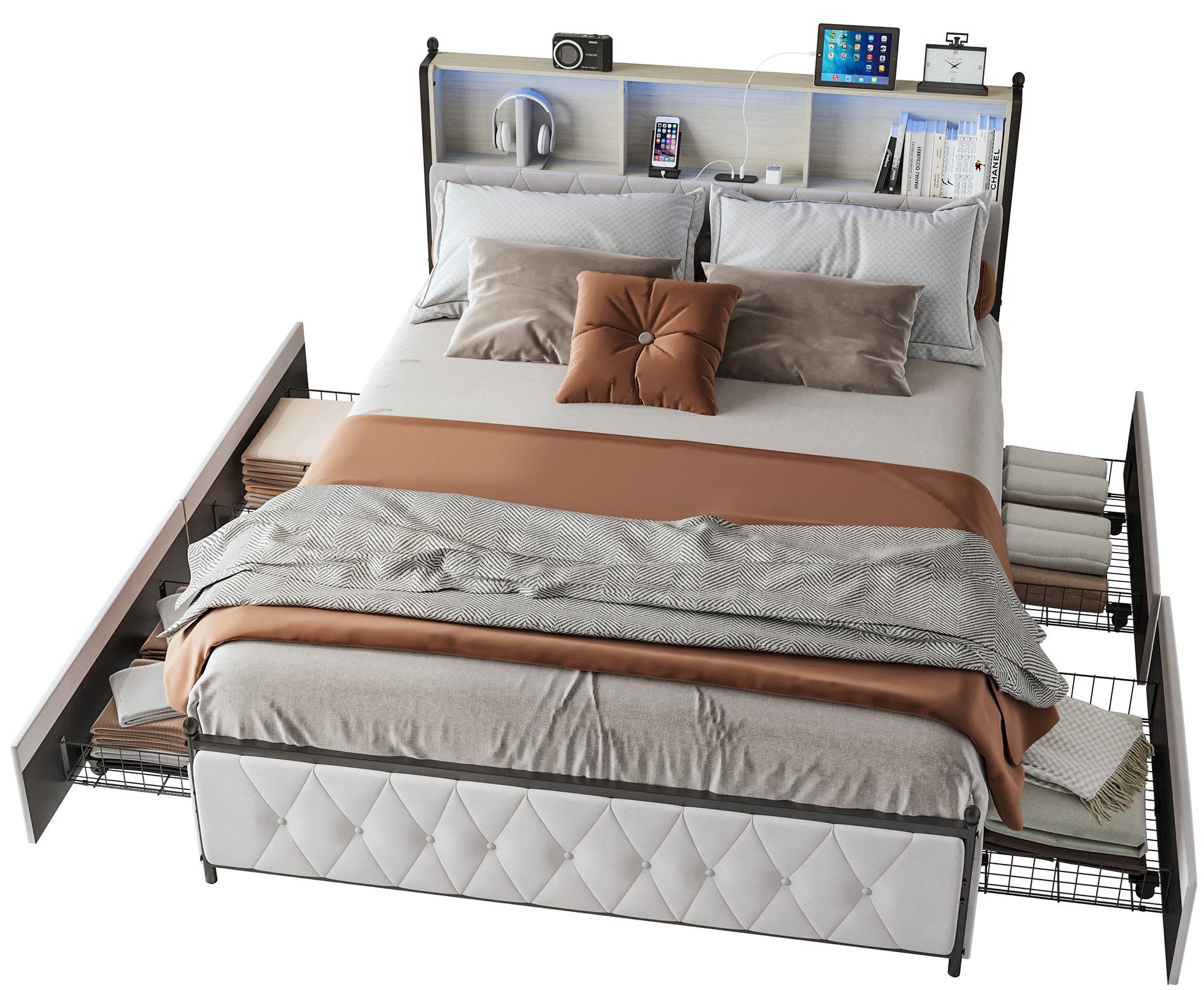Furokoy Polsterbett Doppelbett Stauraumbett Mit 4 Schubladen Und Usb