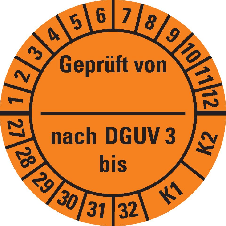 König Werbeanlagen Hinweisschild Prüfpl.Gepr.v.-n.DGUV Vorschrift 3 K1/K2,27-32,orange,Dokufolie ...