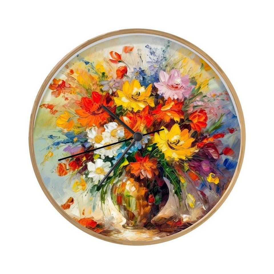 Muchowow Wanduhr Blumen Bunt Ölfarbe Blumentopf Uhrwerk