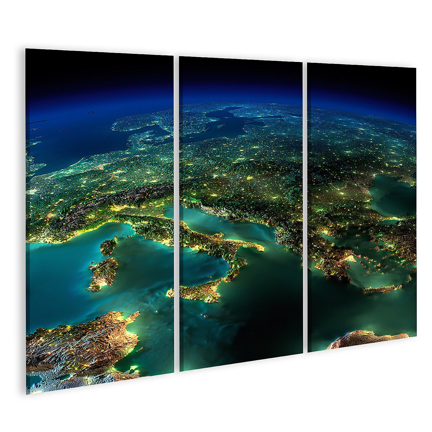 islandburner Leinwandbild Bild auf Leinwand Blick Auf Europa Italien Vom Weltall Bei Nacht Wandb