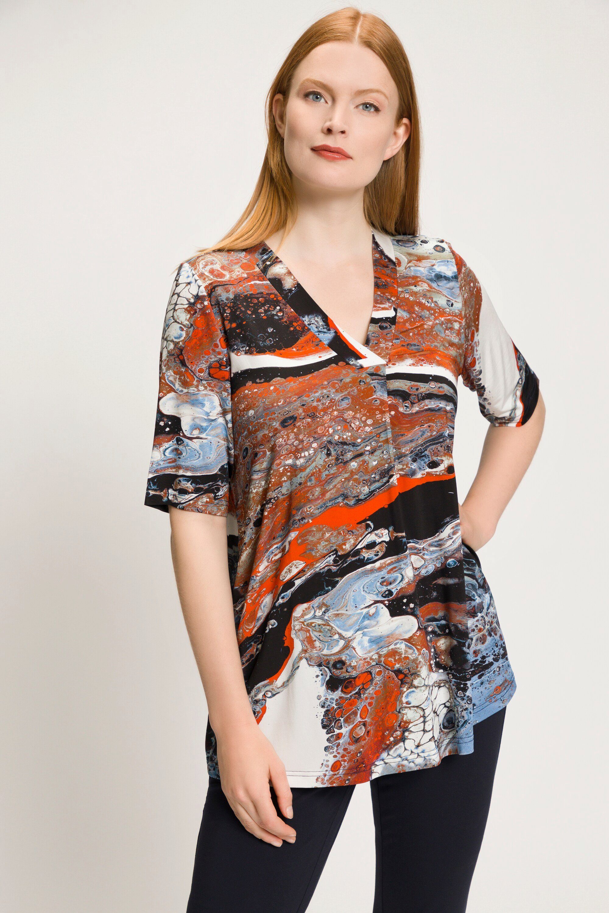 Ulla Popken Rundhalsshirt T Shirt Zierfalte A Linie V Ausschnitt Halbarm