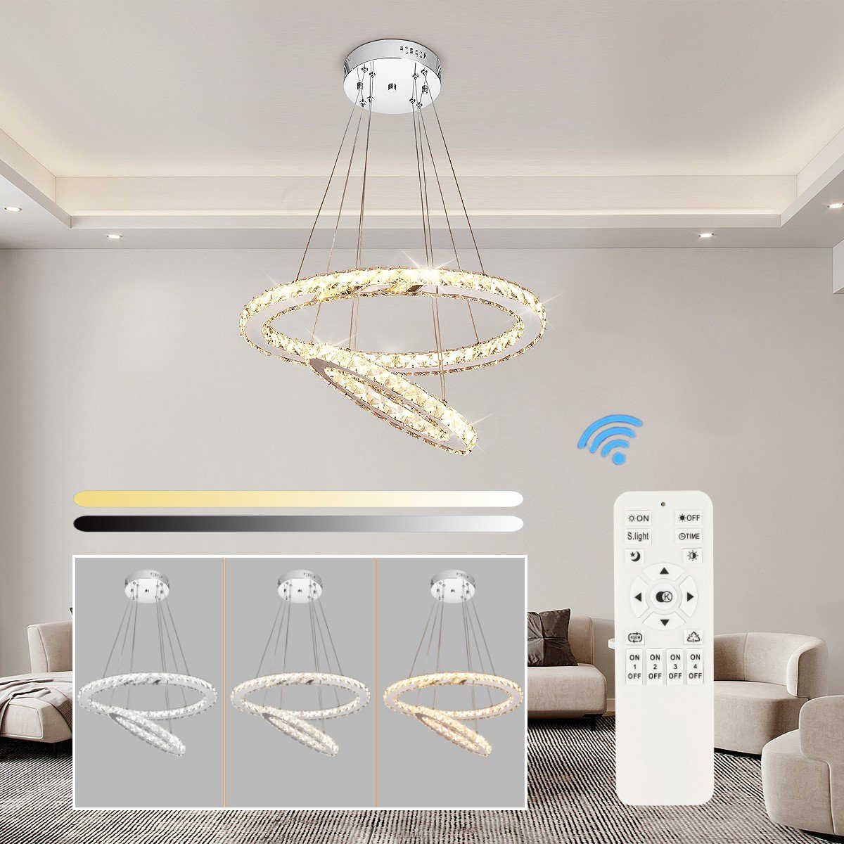 Wilgoon Deckenleuchte 36w Led Kristall Deckenlampe Dimmbare 2 Ringen