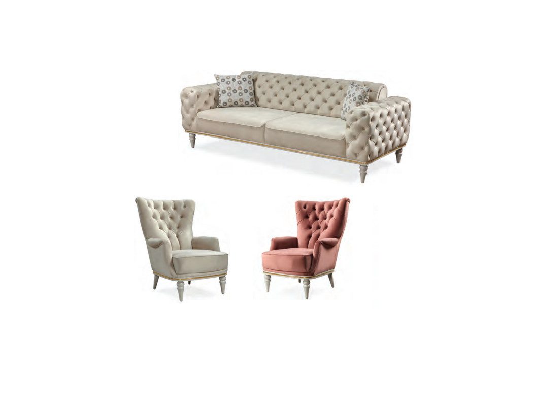 Jvmoebel Wohnzimmer Set Weiß Rosa Chesterfield Couchgarnitur Designer 3