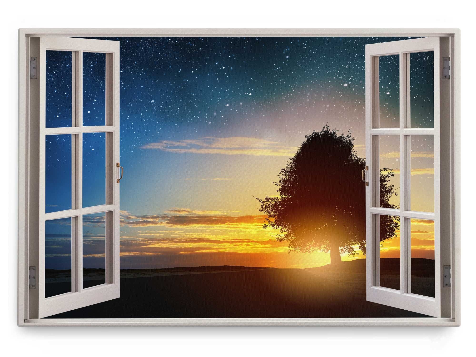 Sinus Art Leinwandbild Wandbild 120x80cm Fensterbild Nachthimmel Sterne Baum Natur Sonnenunte ...