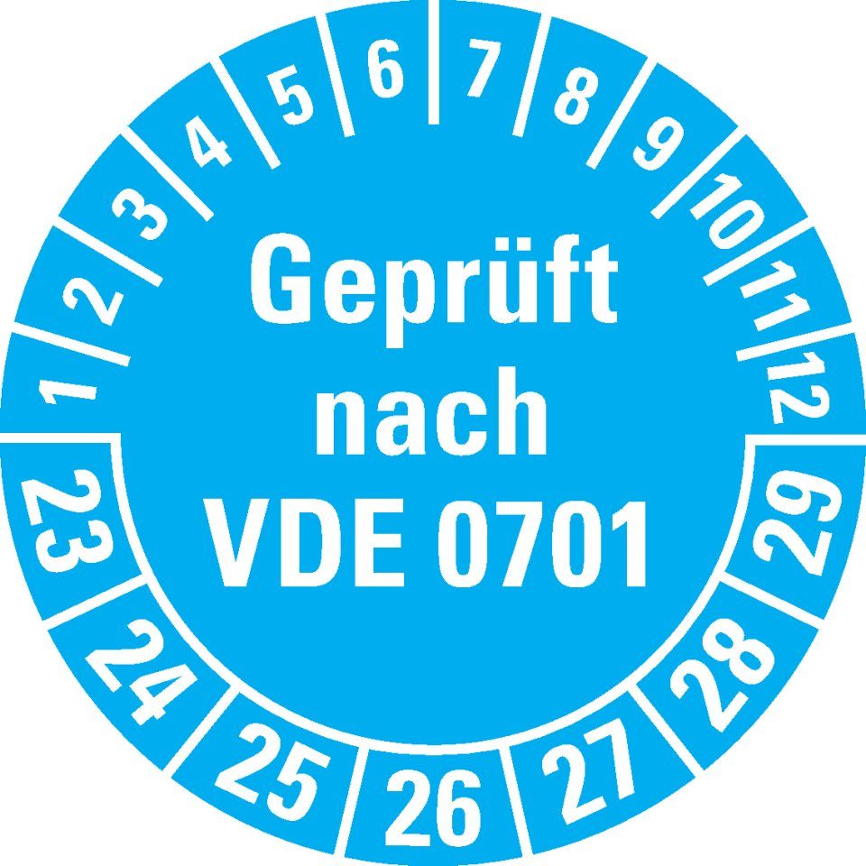 König Werbeanlagen Hinweisschild Prüfplakette geprüft nach VDE 0701,23-29,blau,Folie, Ø30mm, 500 ...