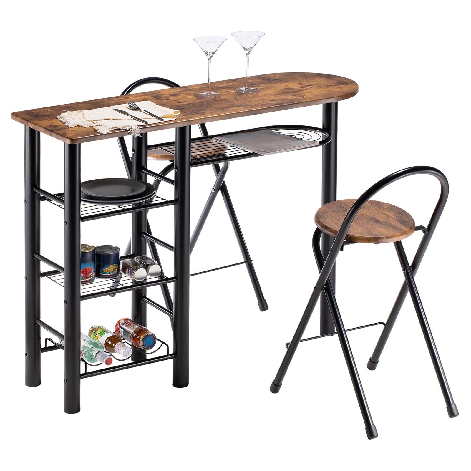 IDIMEX Säulen-Esstisch STYLE, Bartisch Tresentisch Küchentisch mit 2 Barhockern Ablage in Vintage