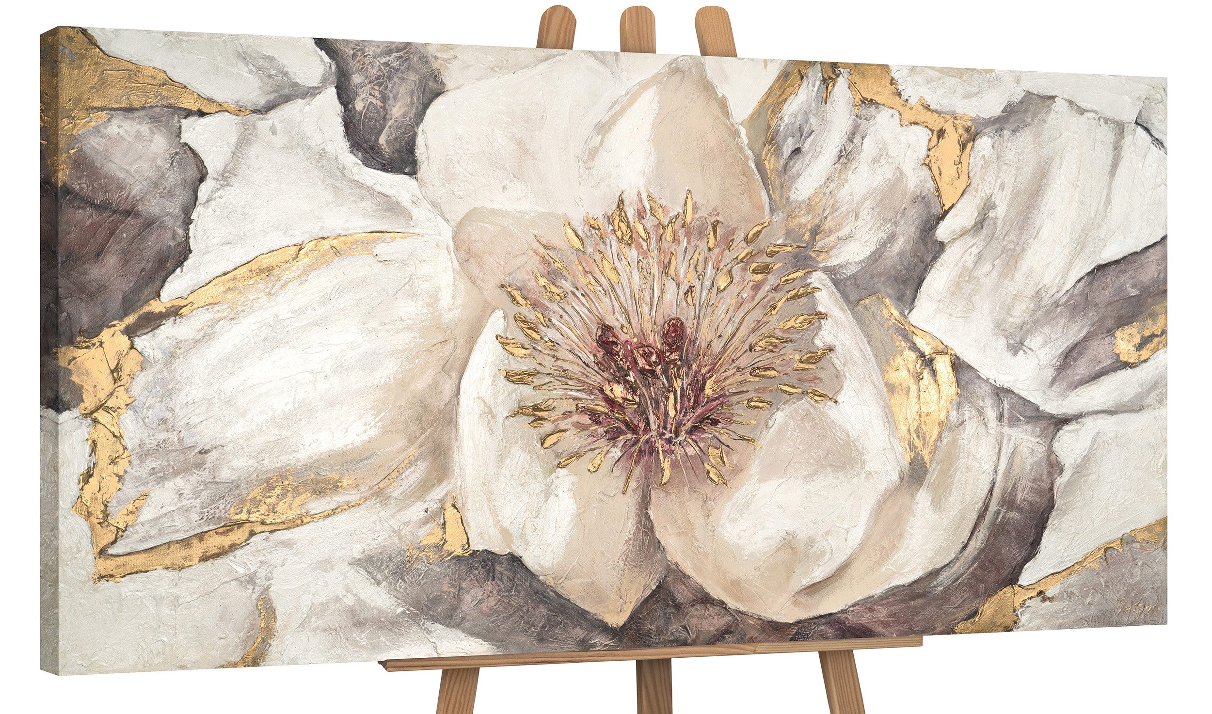 YS-Art Gemälde Malve, Blumen, Gold Weiß Blume Leinwand Bild Handgemalt