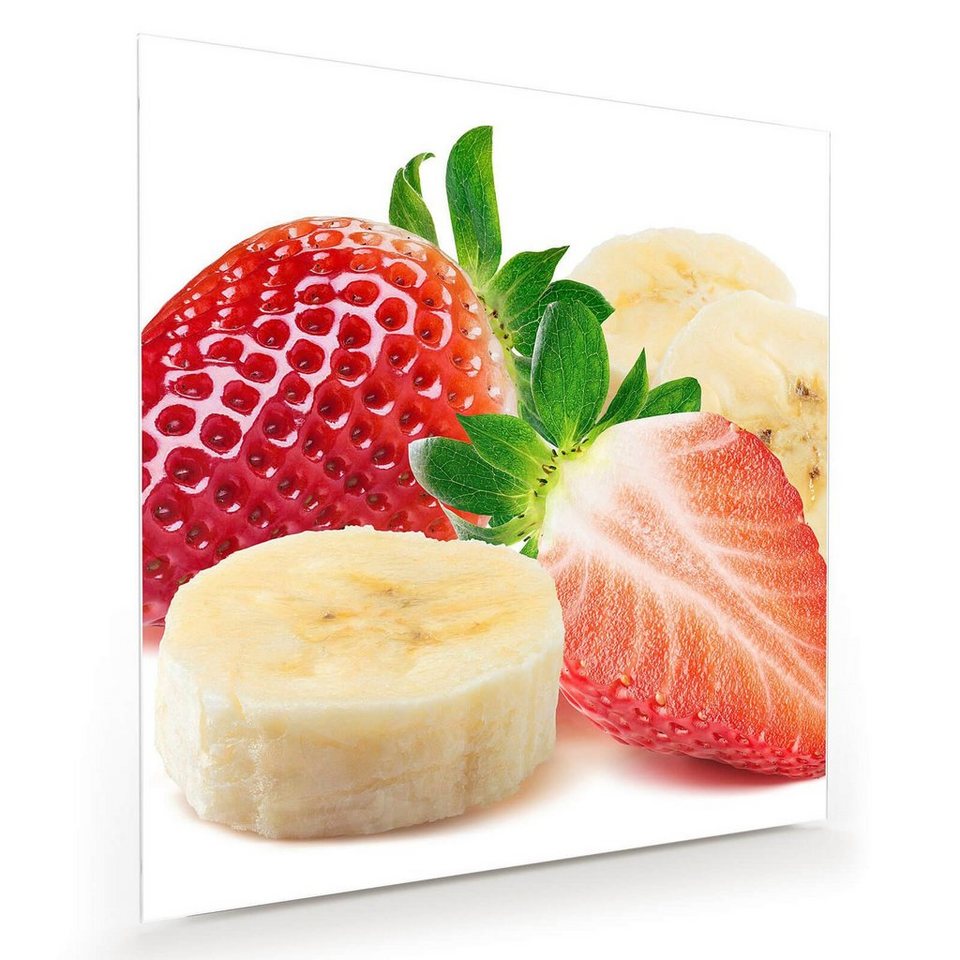 Primedeco Glasbild Wandbild Quadratisch Erdbeeren Und Bananenstücke Mit