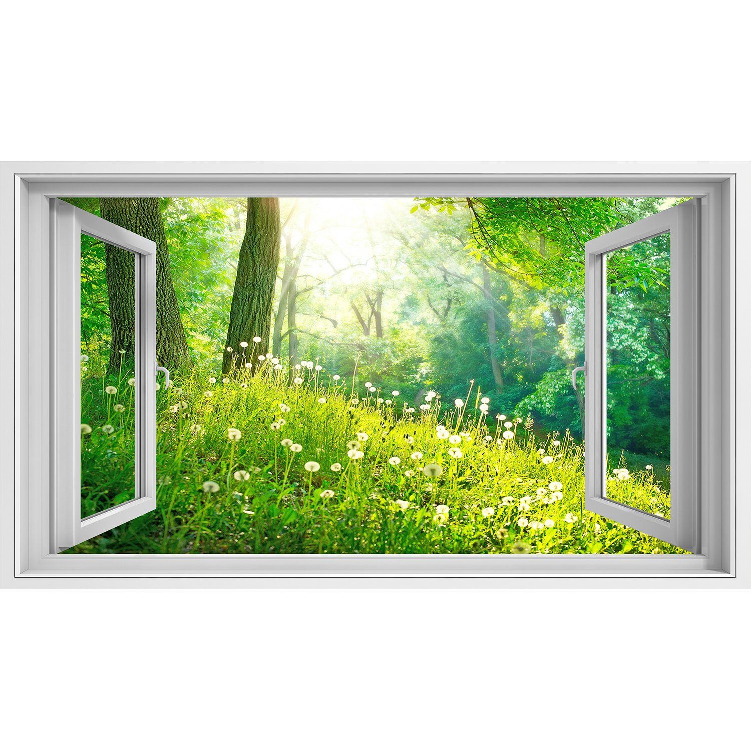 islandburner Leinwandbild Fensterblick Frühling Natur Schöne Landschaft Grünes Gras und Bäume Sa