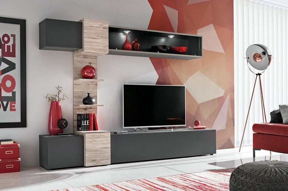Jvmoebel Wohnwand Designer Modern Set Wohnwand Wand Regale Grau Tv