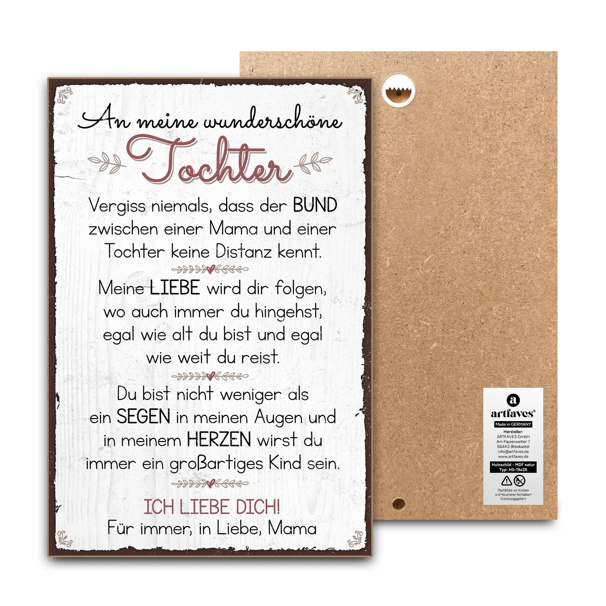 ARTFAVES Holzbild Schild mit Spruch - An meine wunderschöne Tochter ...