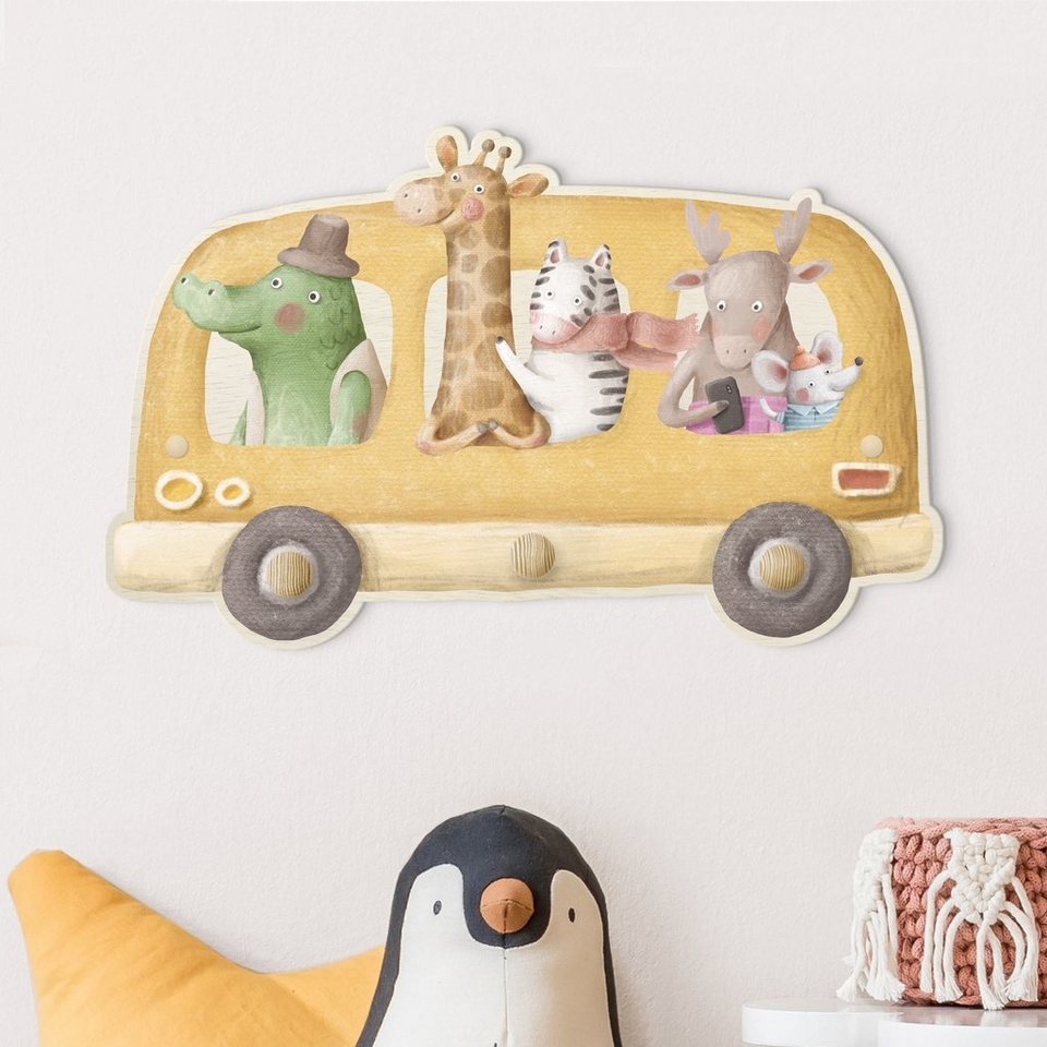 Bilderdepot24 Garderobenpaneel Bunt Illustration Tiere Wasserfarben Bus