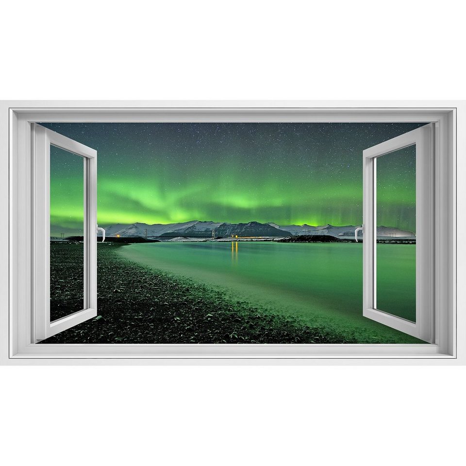 Islandburner Leinwandbild Fensterblick Polarlichtblitz über Wasser